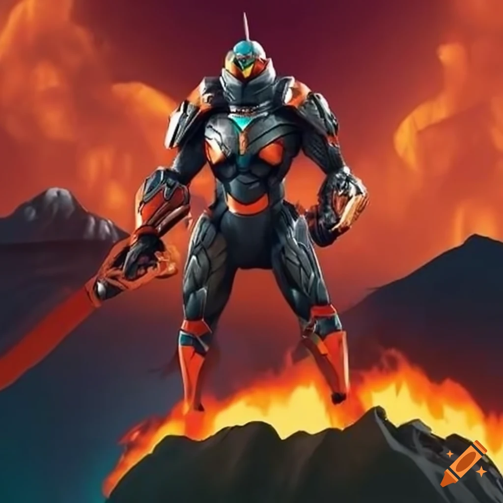 Armored superhero with a volcano theme on Craiyon