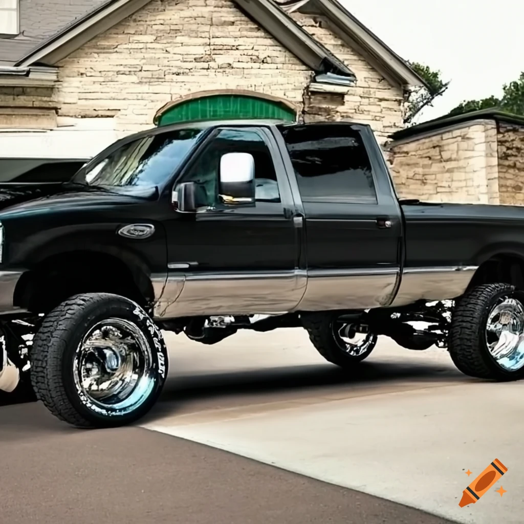 Custom lifted metallic gray Ford F-250 in driveway on Craiyon