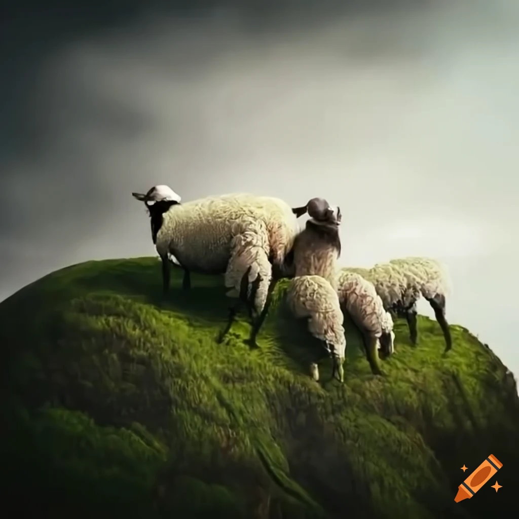 Man with three sheep and a goat on a hill in hyper-realistic style on ...