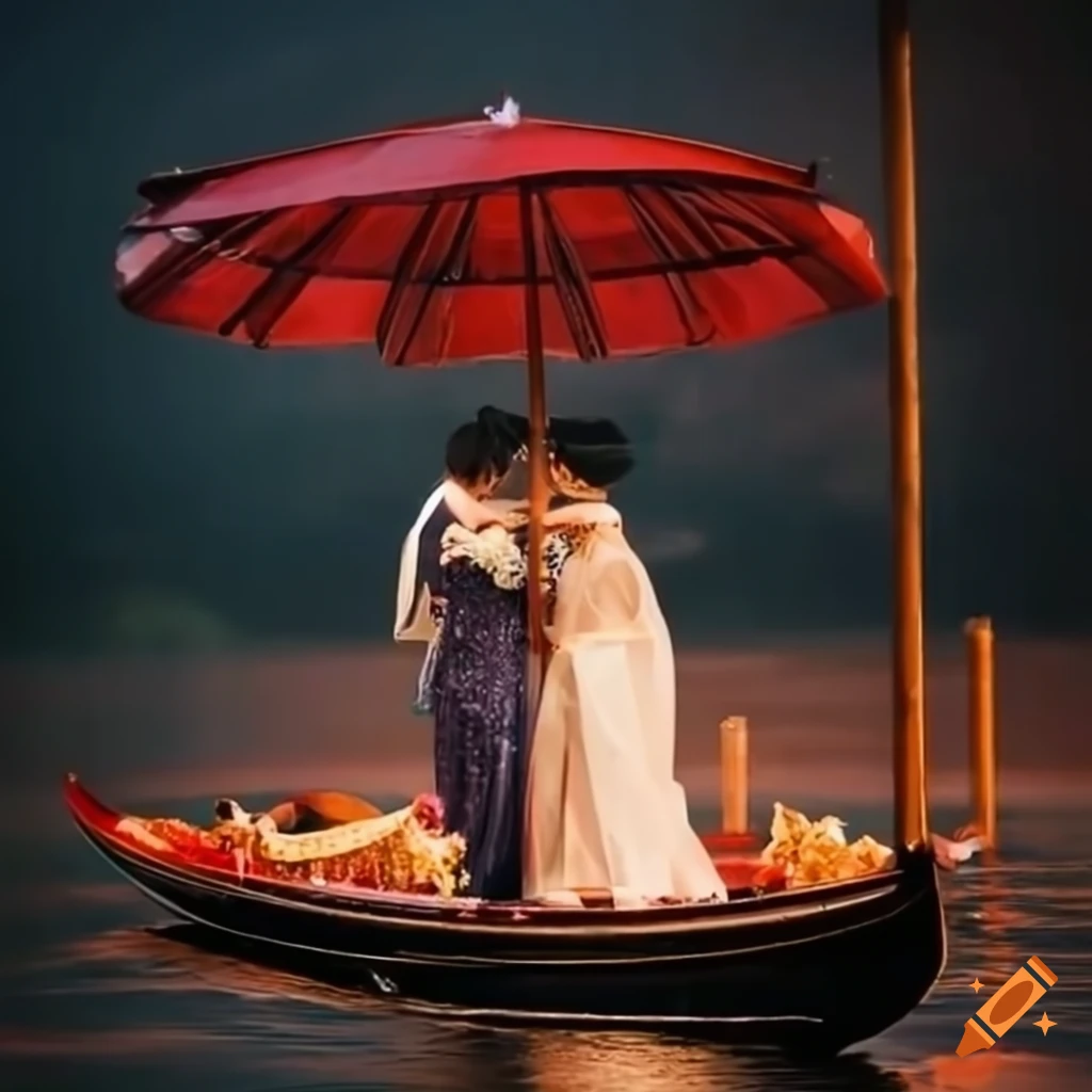 Elaborate japanese wedding ceremony on a gondola over water at twilight ...