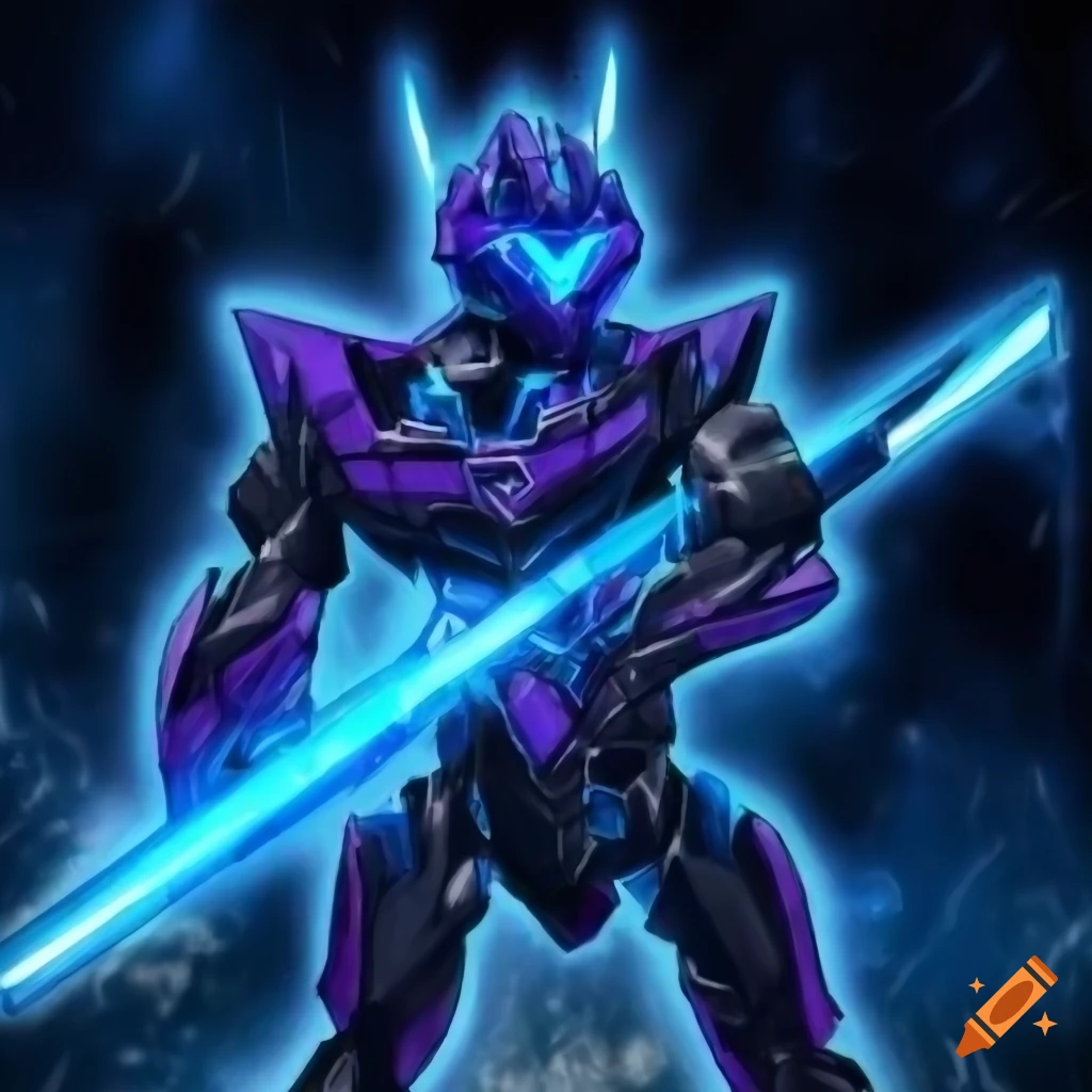 Yugioh card art of a cyborg blue neon warrior on Craiyon