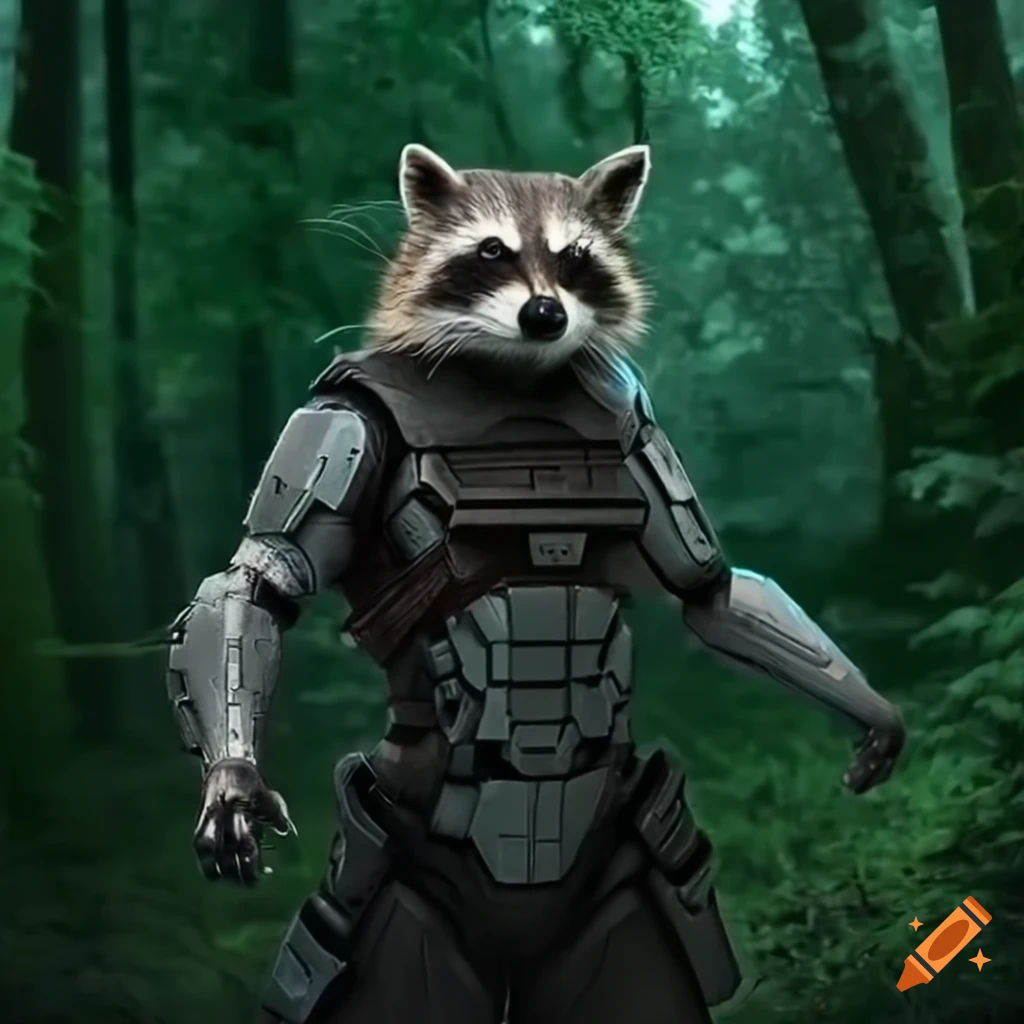 Unique sci-fi raccoon character in power armor exploring mystical ...
