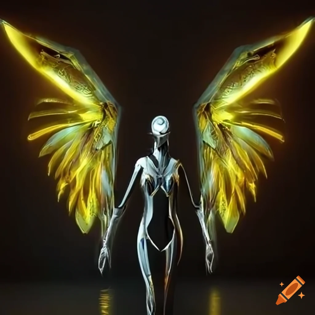 Shimmering yellow energy cybernetic wings on Craiyon