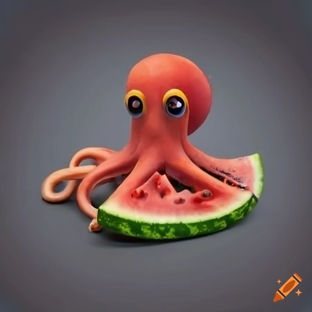 Cute little red octopus with a watermelon on its head on Craiyon