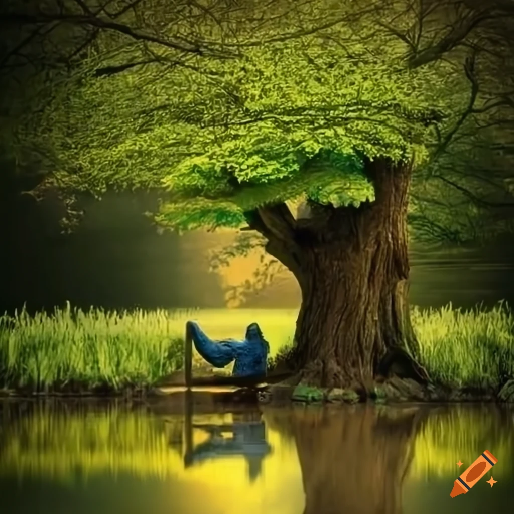 Farmer sitting under a big tree near a pond on Craiyon