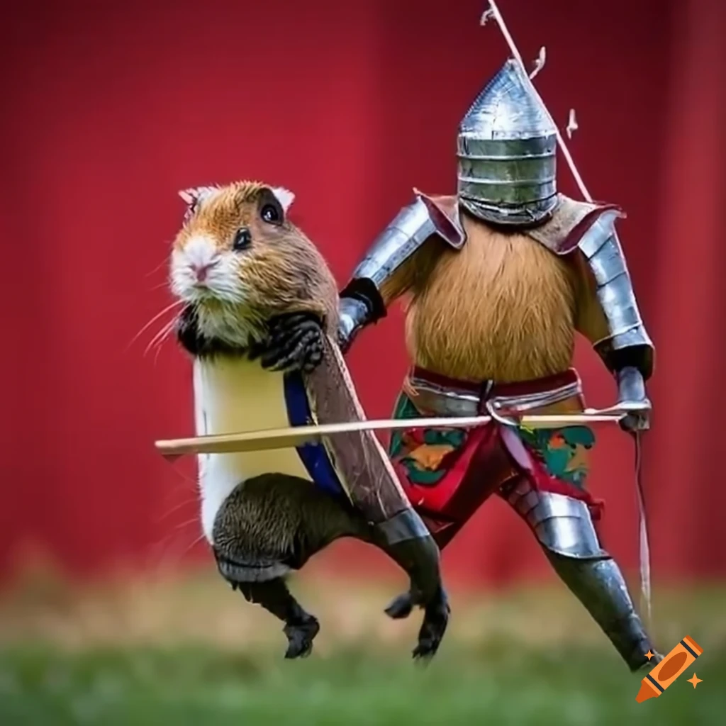 Guinea pigs dressed as knights charging into battle on a red and white ...