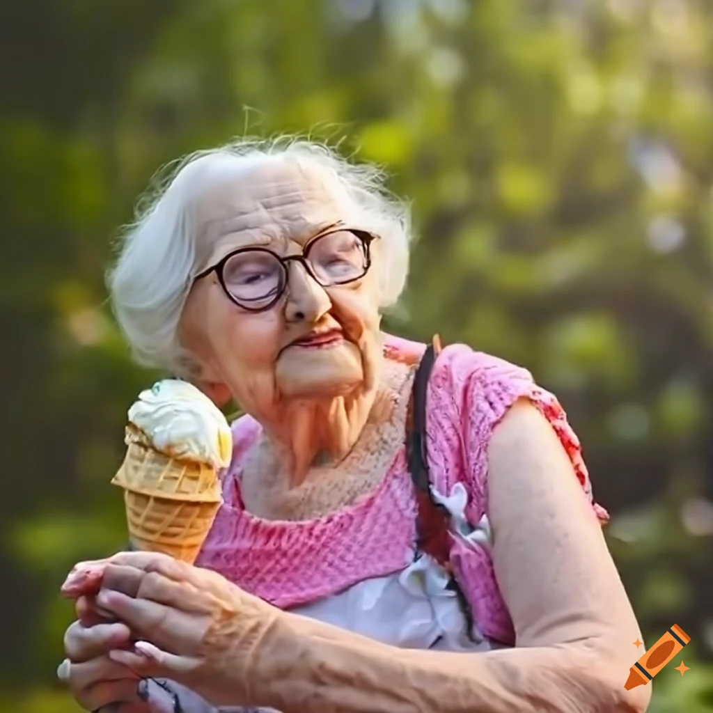 Smiling old lady enjoying a vanilla ice cream cone on a sunny day on ...