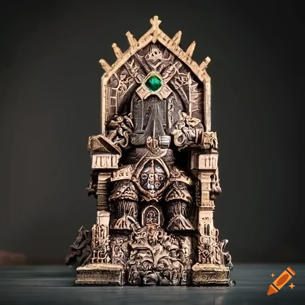 Intricately carved dwarven statue with emerald eyes holding a warhammer ...