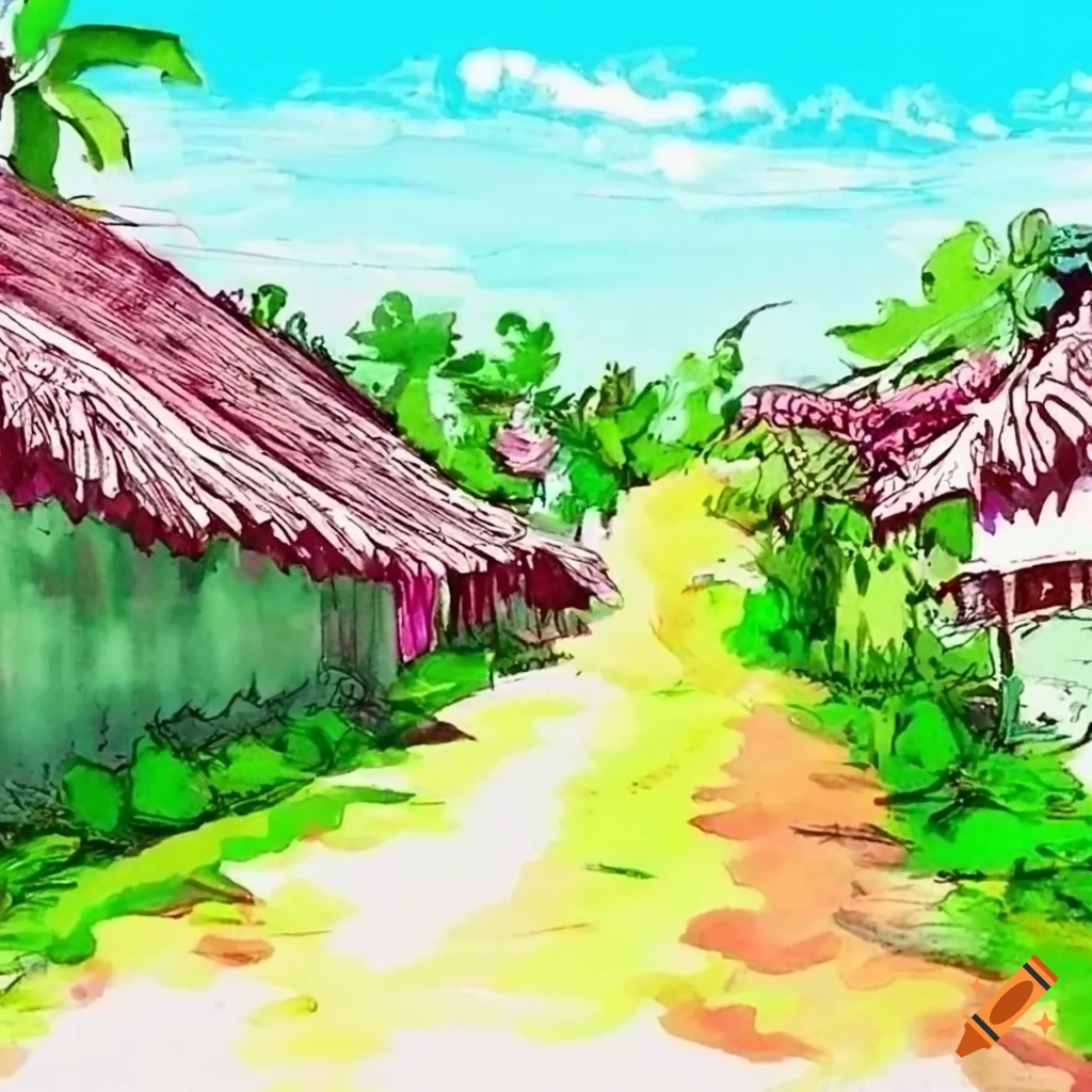 Close-view ink drawing of a bangladeshi village road on Craiyon