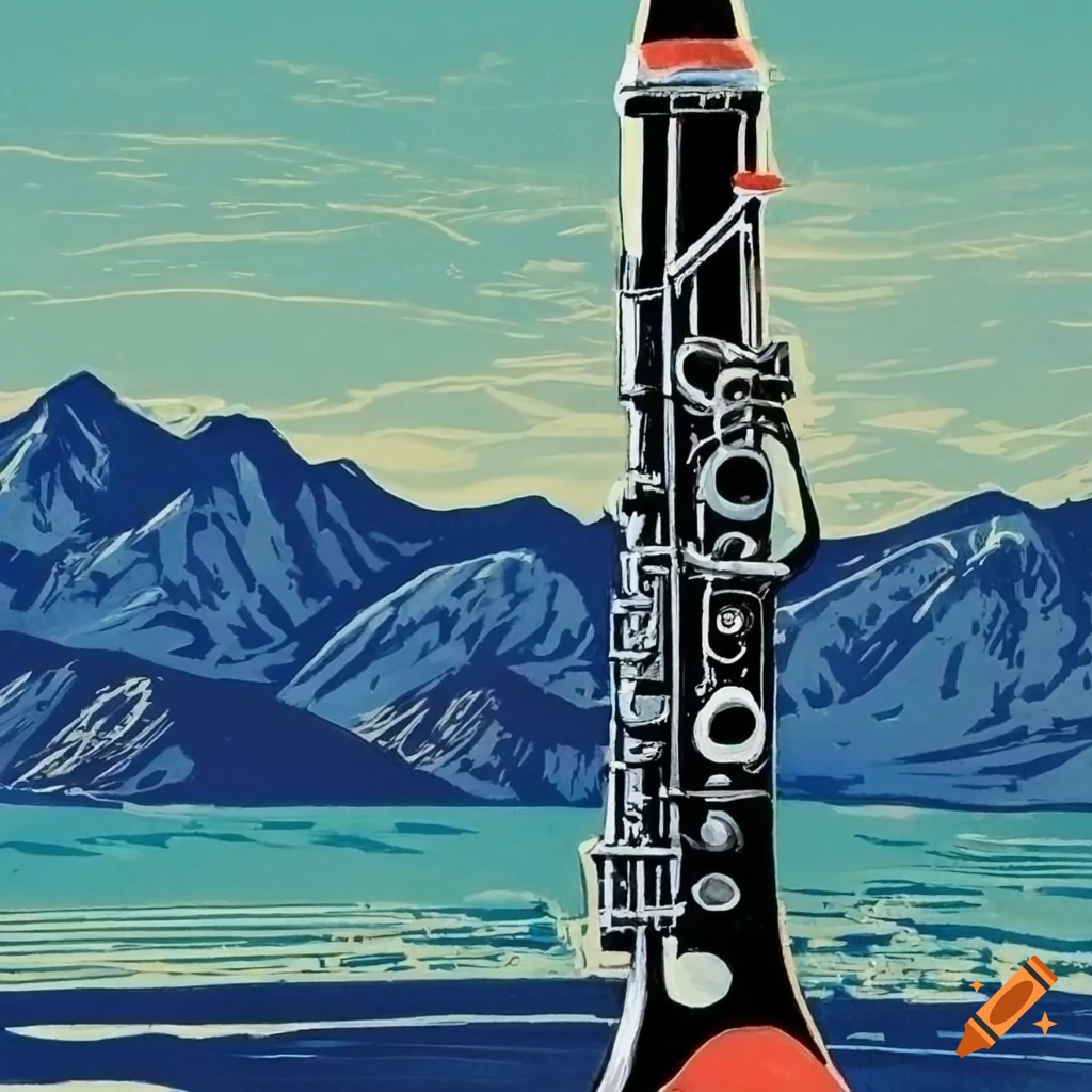 Linocut print of a large clarinet in front of catalina mountains on Craiyon