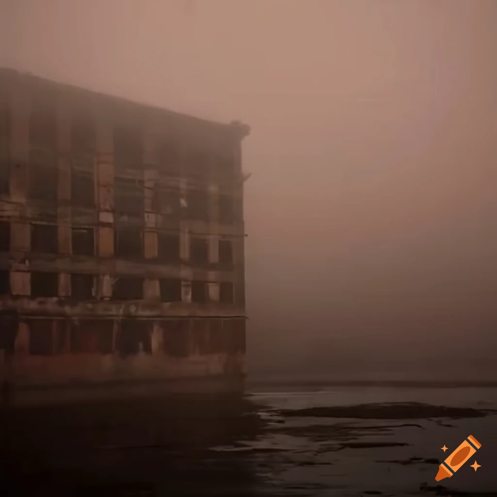 Abandoned Edwardian factory buildings sinking into black ocean in a ...
