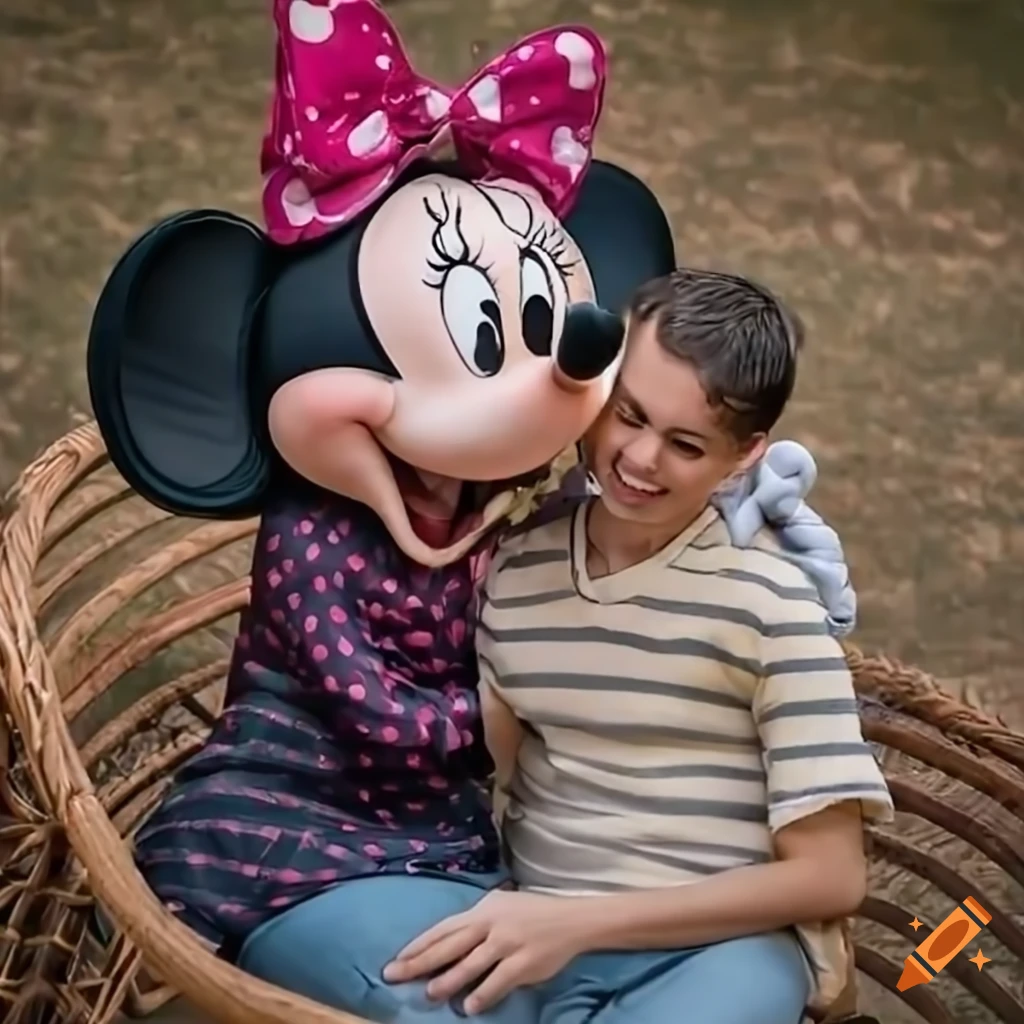 Minnie mouse hugging a young man in a wicker rocking chair on Craiyon