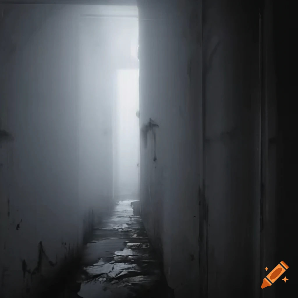 Foggy industrial rust with peeling paint and endless hallways on Craiyon