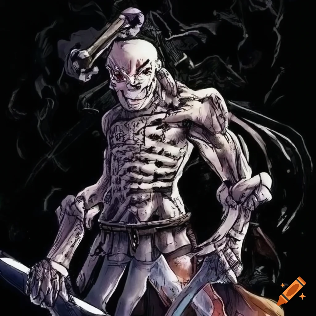 Skeleton, manga, dungeon, sword on Craiyon