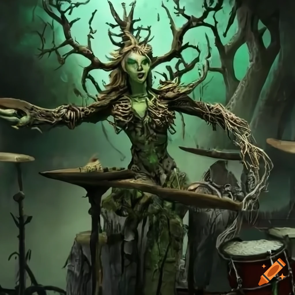 Sylvaneth wooden tree dryad playing drums in a rock band on Craiyon