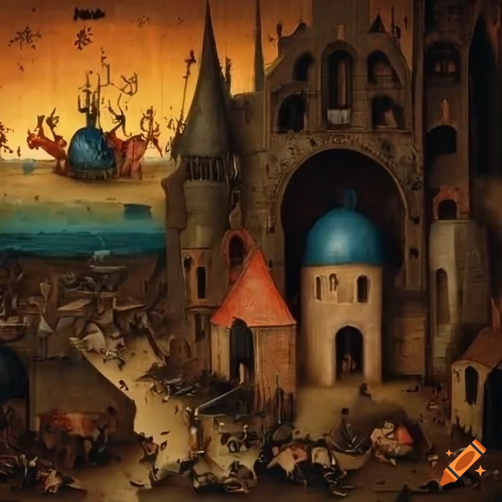 Surreal and intricate painting inspired by Hieronymus Bosch depicting ...