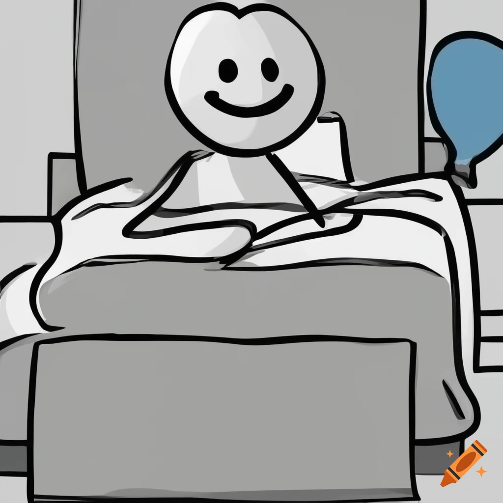 Comfy happy stickfigure laying in bed in a vector drawing on Craiyon