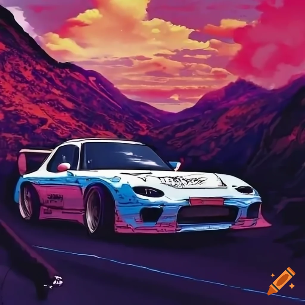 Manga scene of a mazda rx7 drifting through japanese mountains on Craiyon