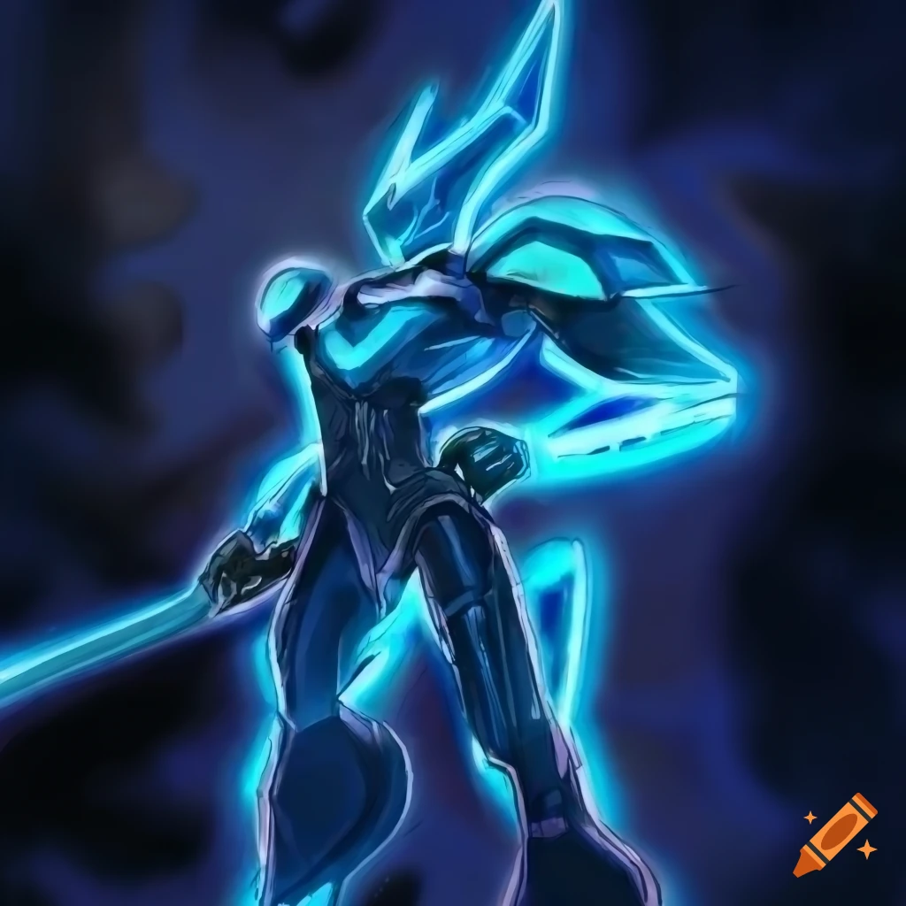 Yugioh card art of a cyborg blue neon warrior on Craiyon