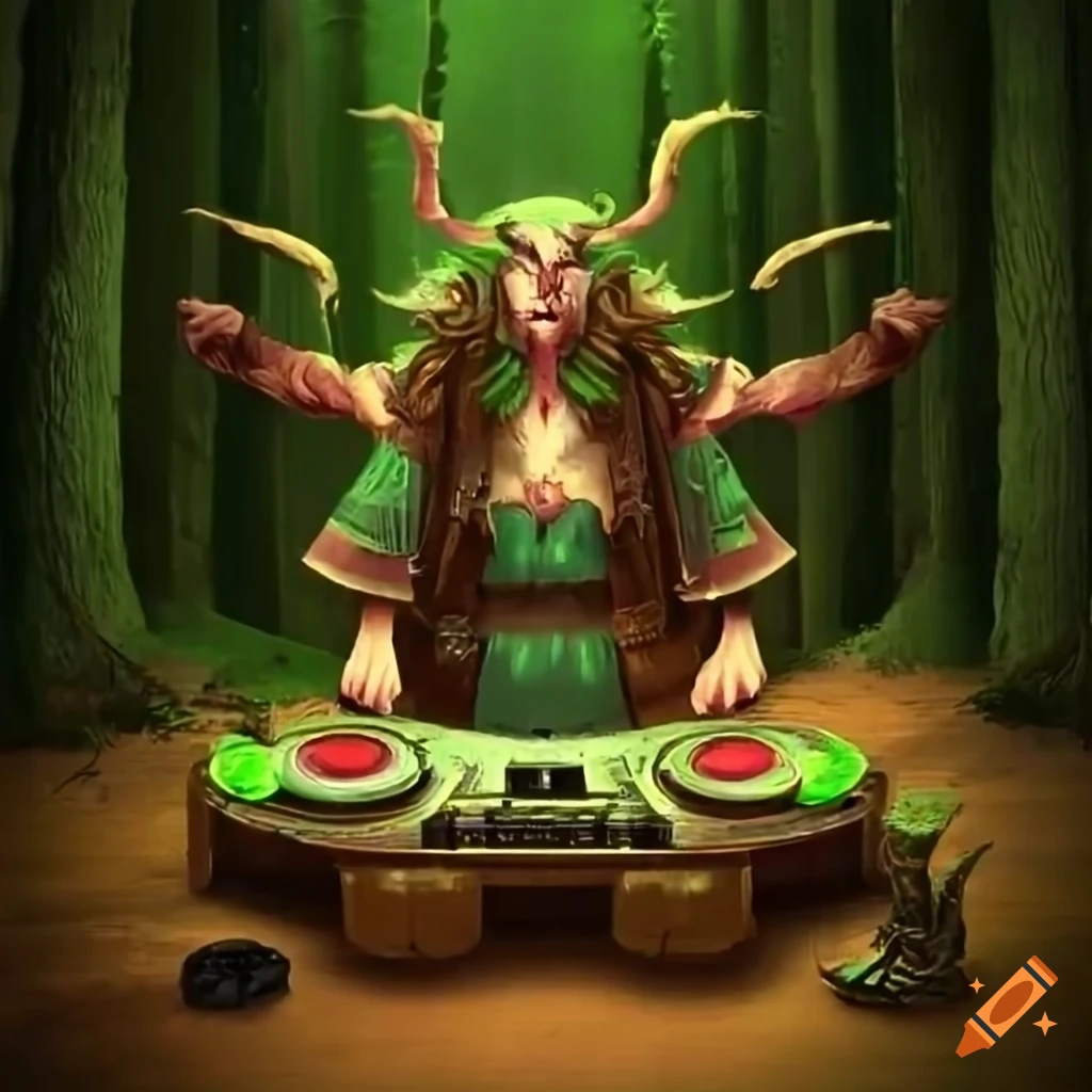 Druid dj with turntables and speakers in a forest setting on Craiyon