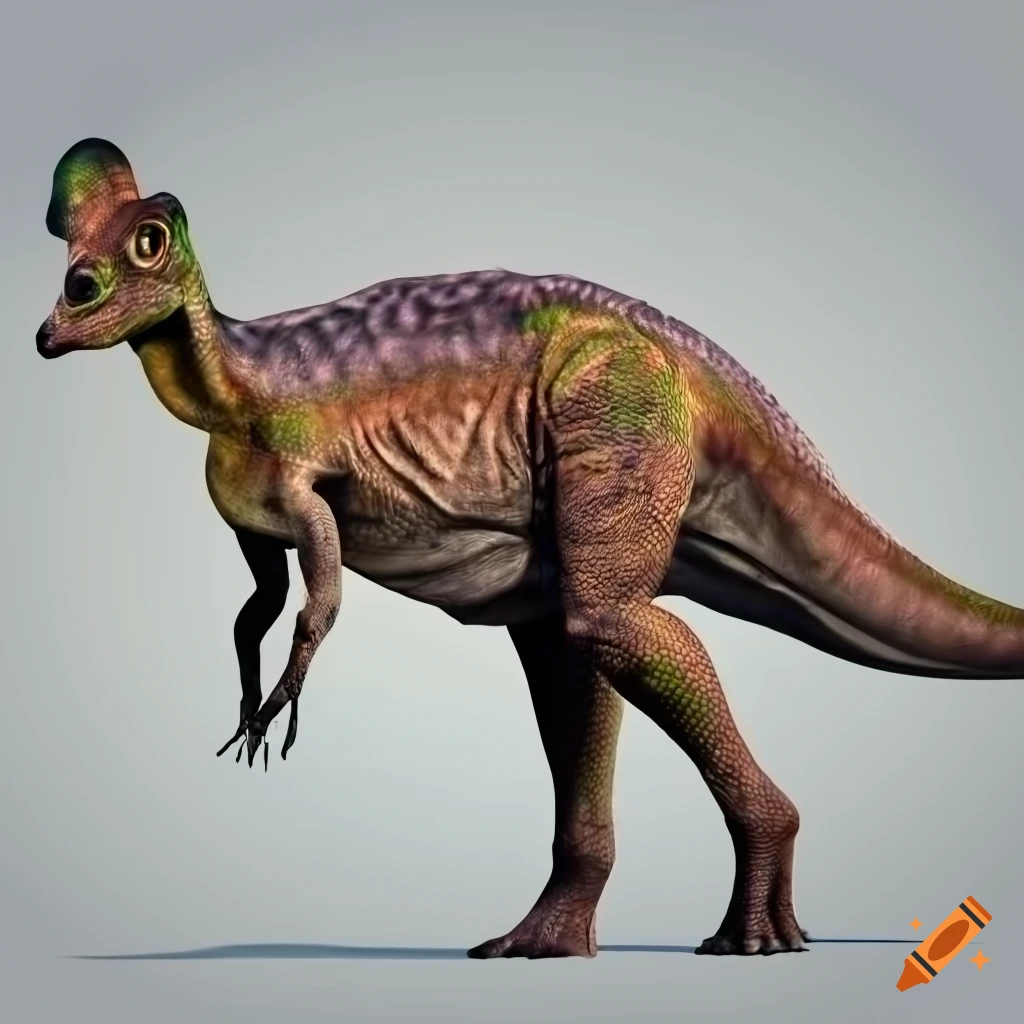 Vividly colored Hadrosaurus dinosaur with detailed scaly skin in warm ...