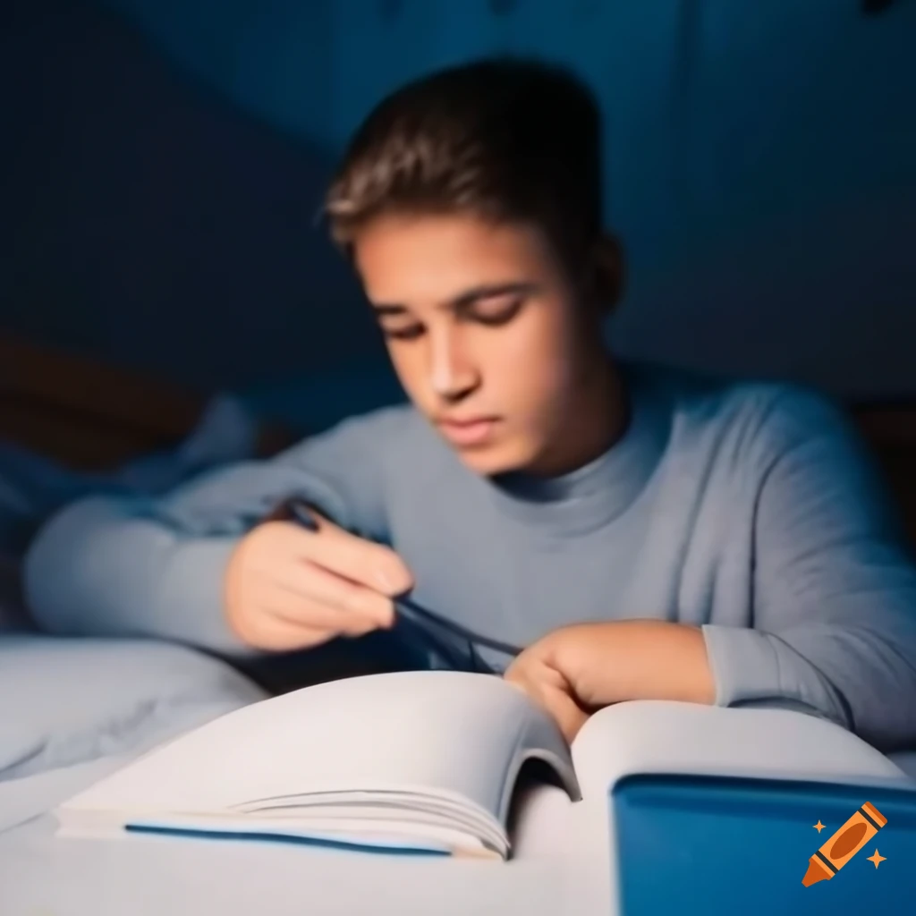 Focused college boy studying in his bedroom late at night on Craiyon