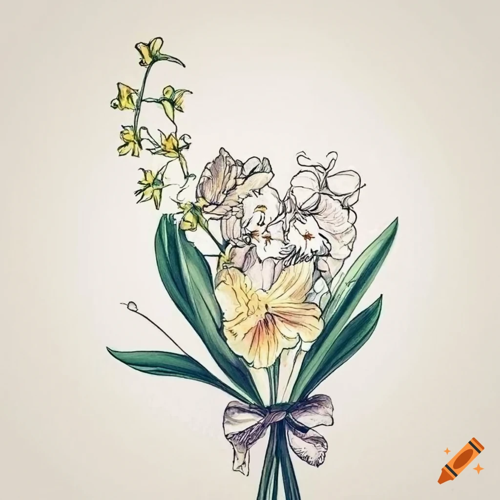 Fine line drawing of lily of the valley, daffodil, and morning glory ...
