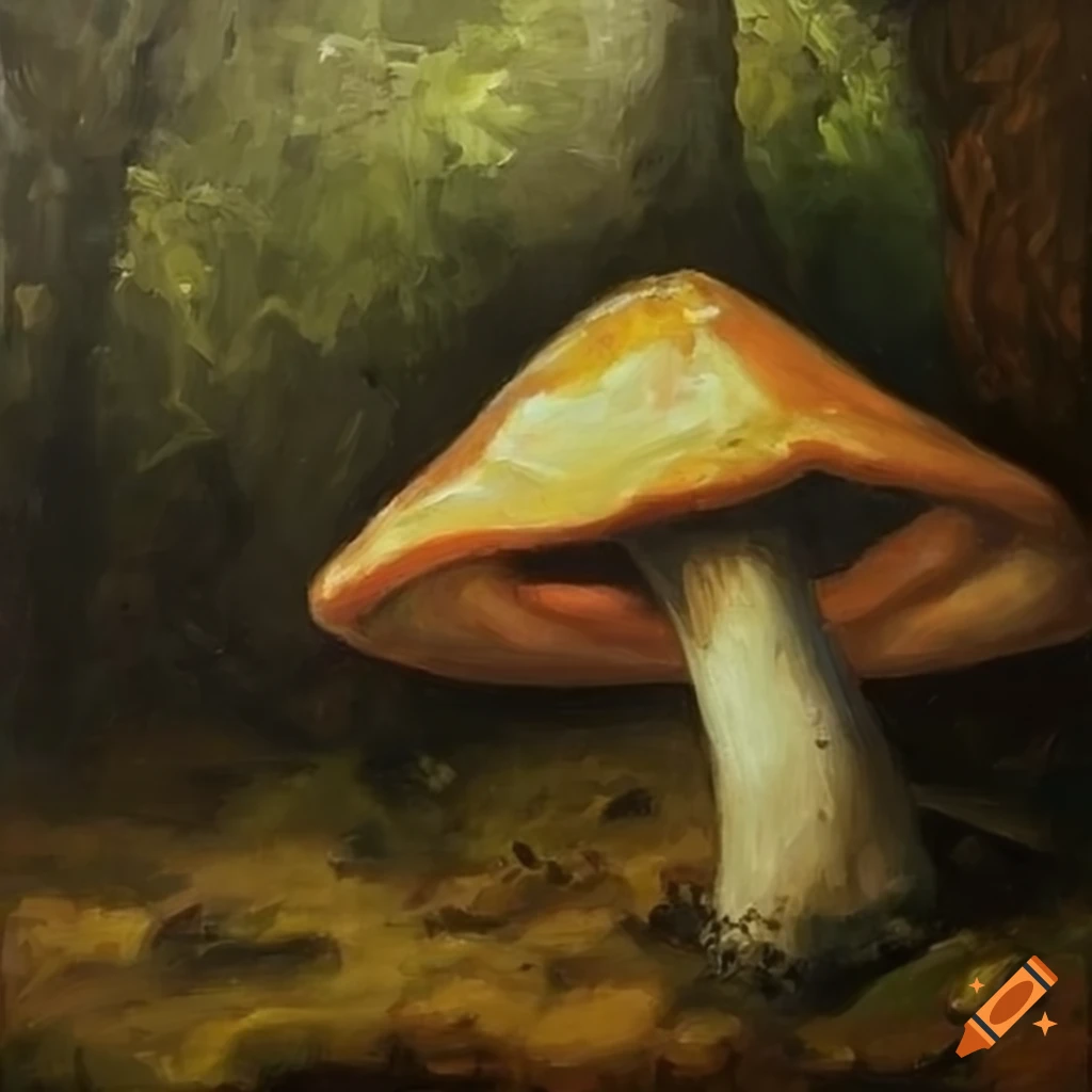 Oil paintings of mushrooms on a forest floor on Craiyon