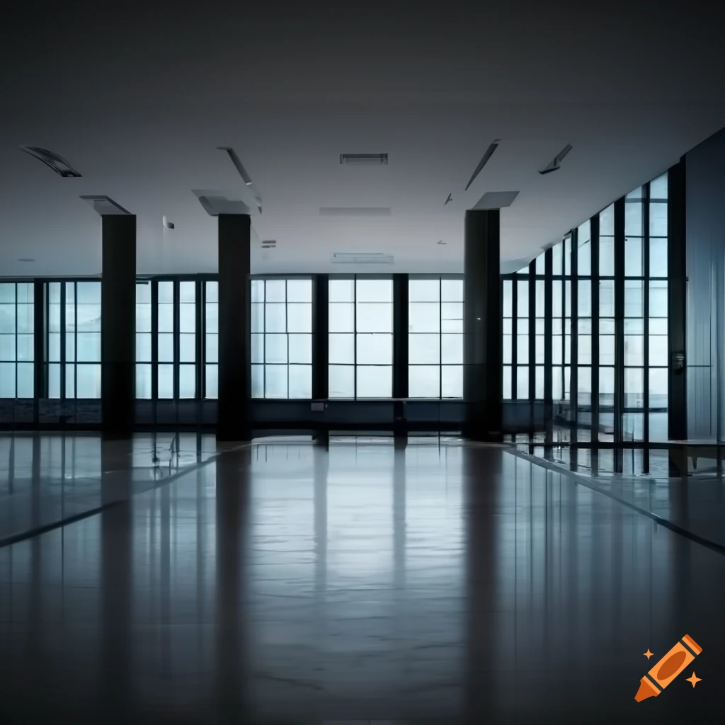 Empty office building with open space desktops and reflections on Craiyon