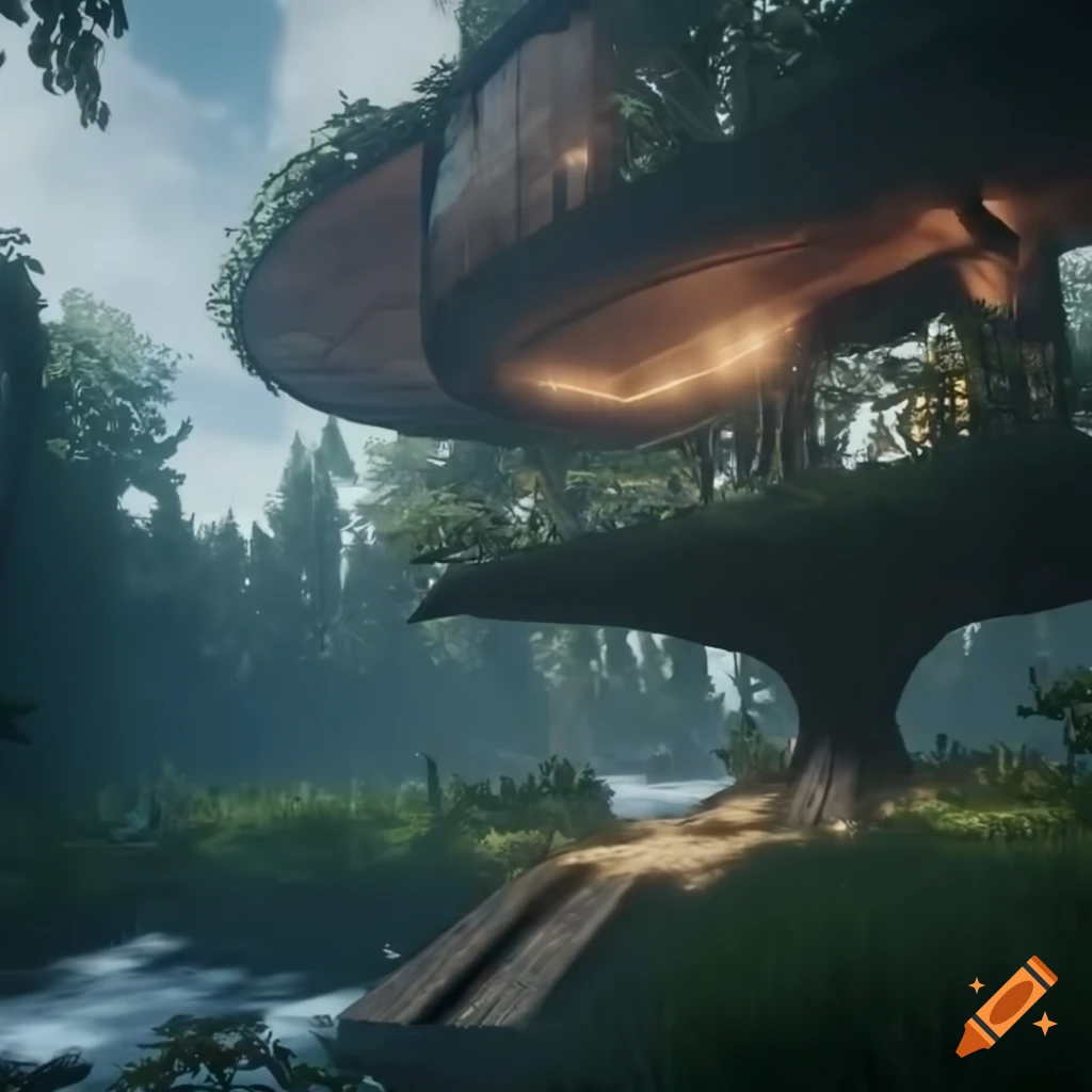 Futuristic tree house with cinematic landscape view and 4k detailed ...