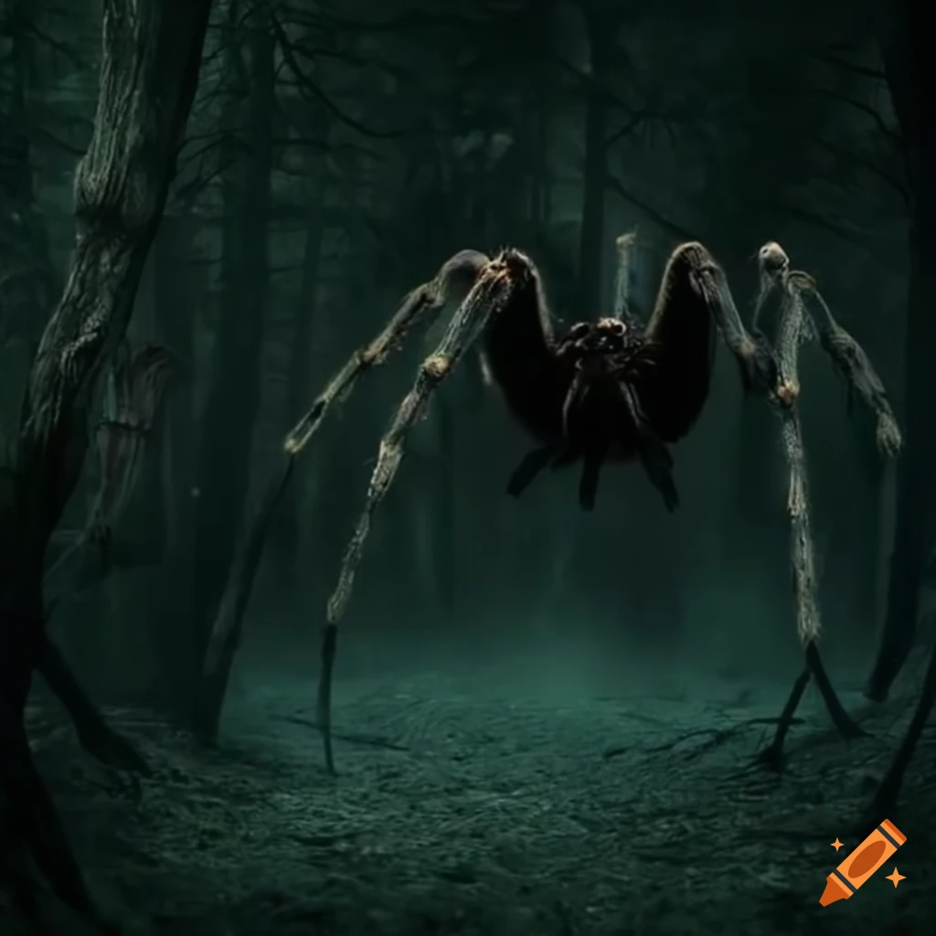 Giant spider hunting in a dark scary forest at night on Craiyon