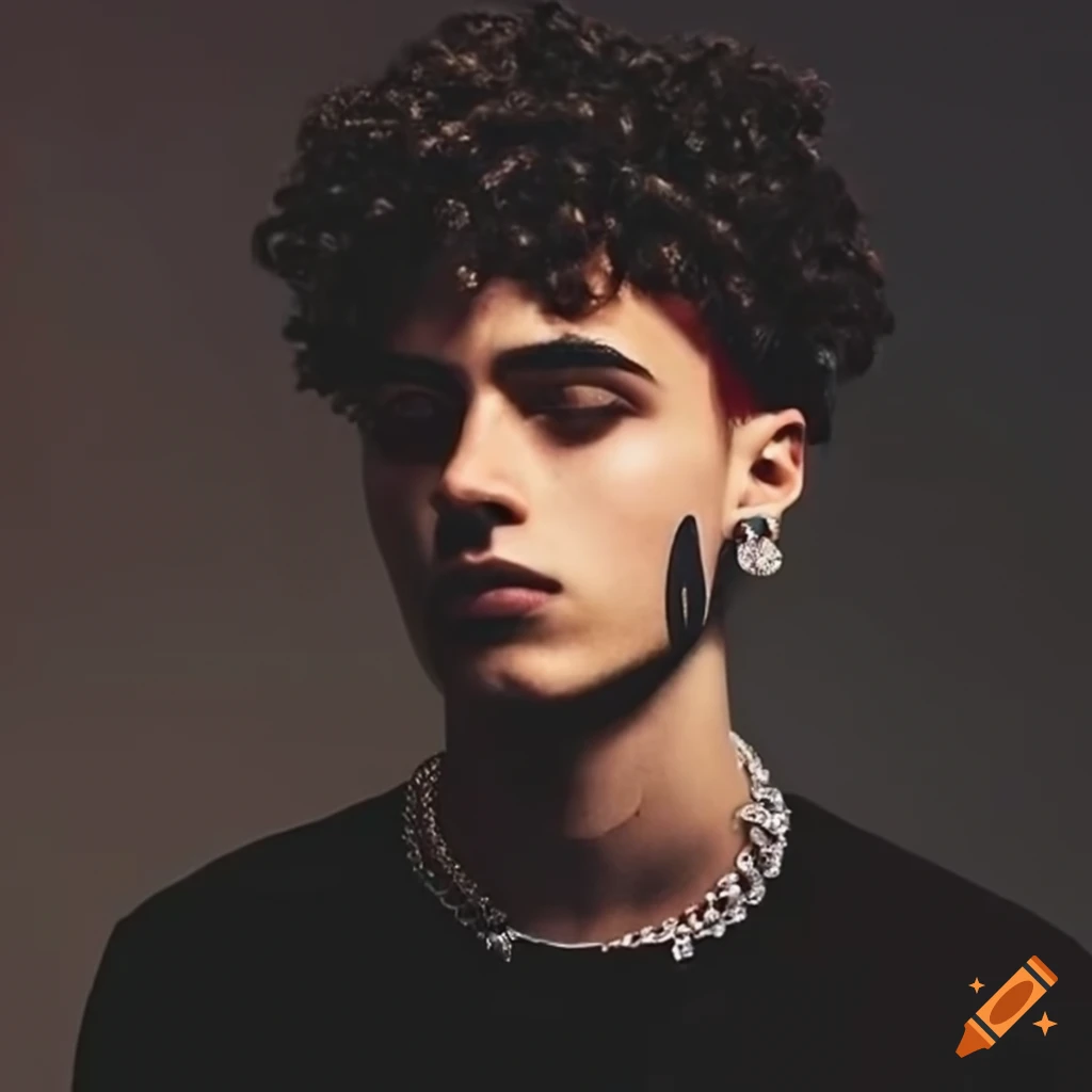 Fashionable young mediterranean rapper with curly hair and silver chain ...