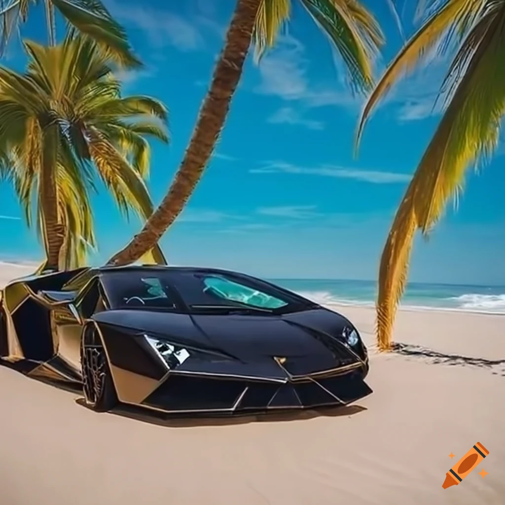 Black Lamborghini on a beach with sculptures on a palm tree on Craiyon