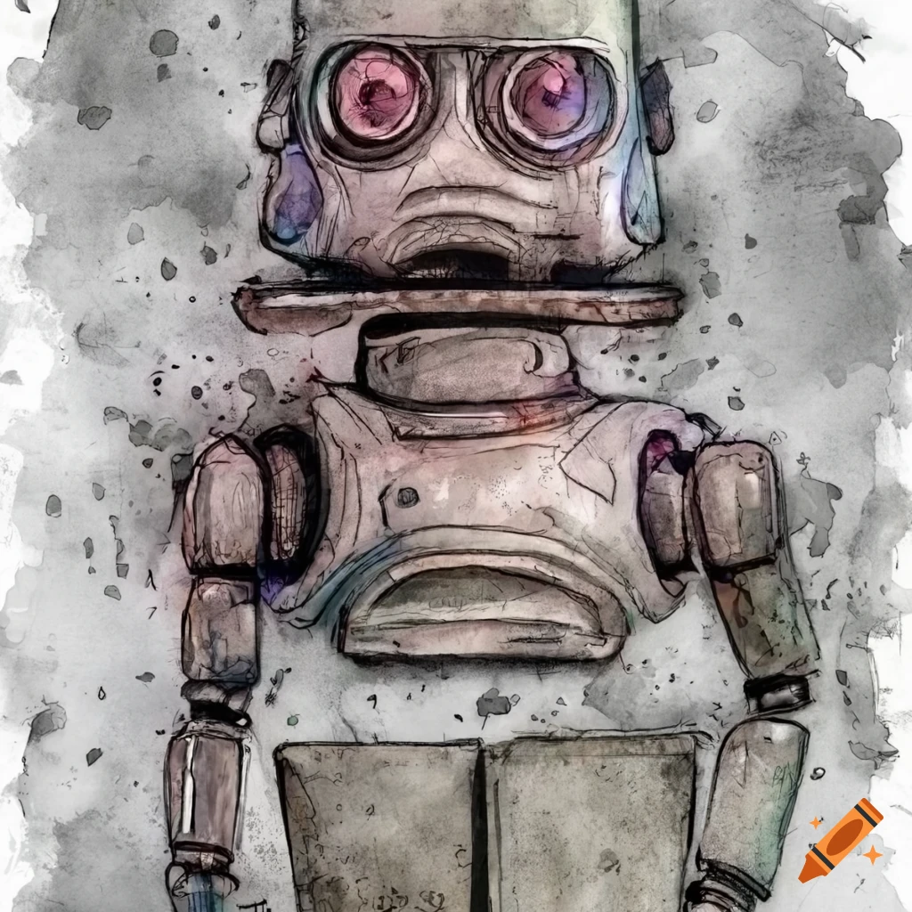 Sad robot in a dystopian factory charcoal drawing on Craiyon