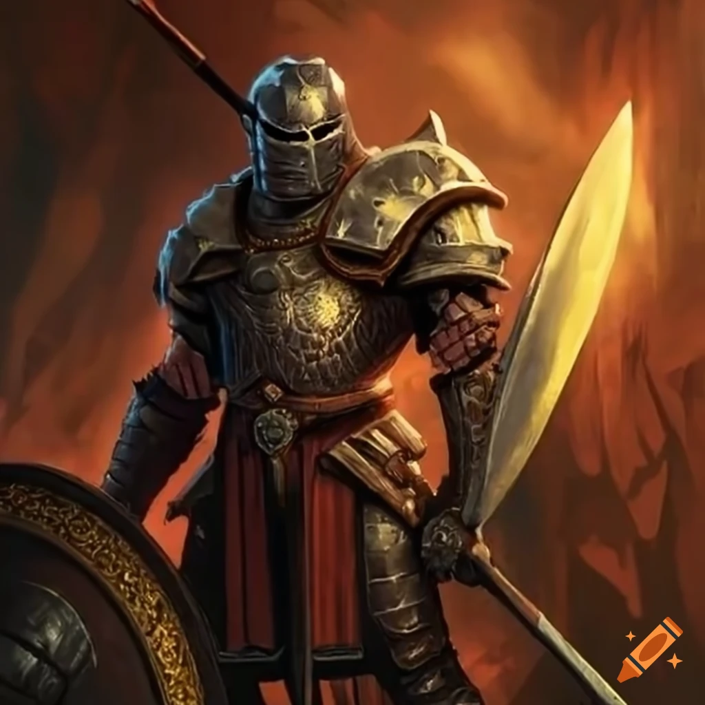 Heavily armored fighter with spear and shield in a dungeons & dragons ...