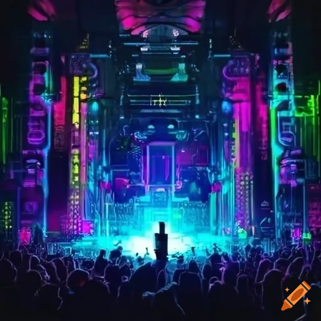 Crowd enjoying trance, techno, and acid music on a big sound system on ...