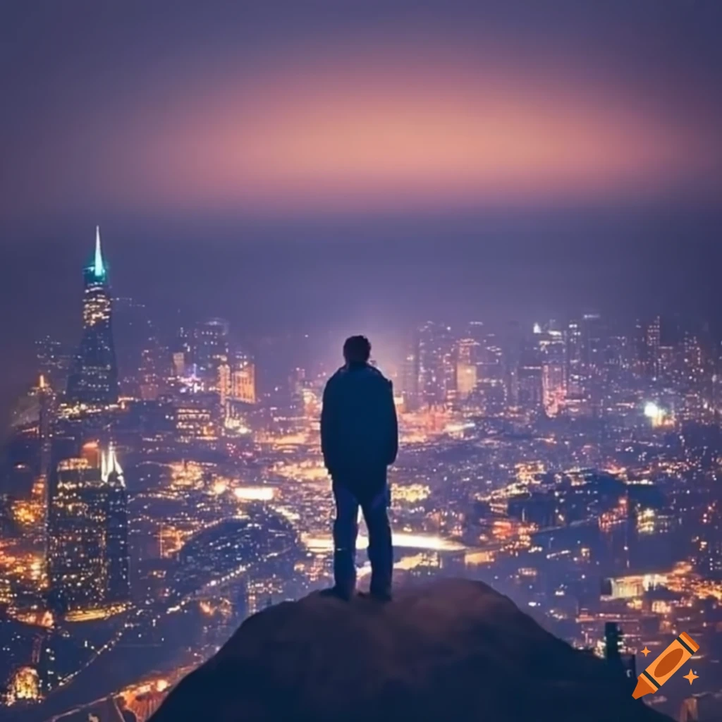Man overlooking illuminated city from hill at night on Craiyon