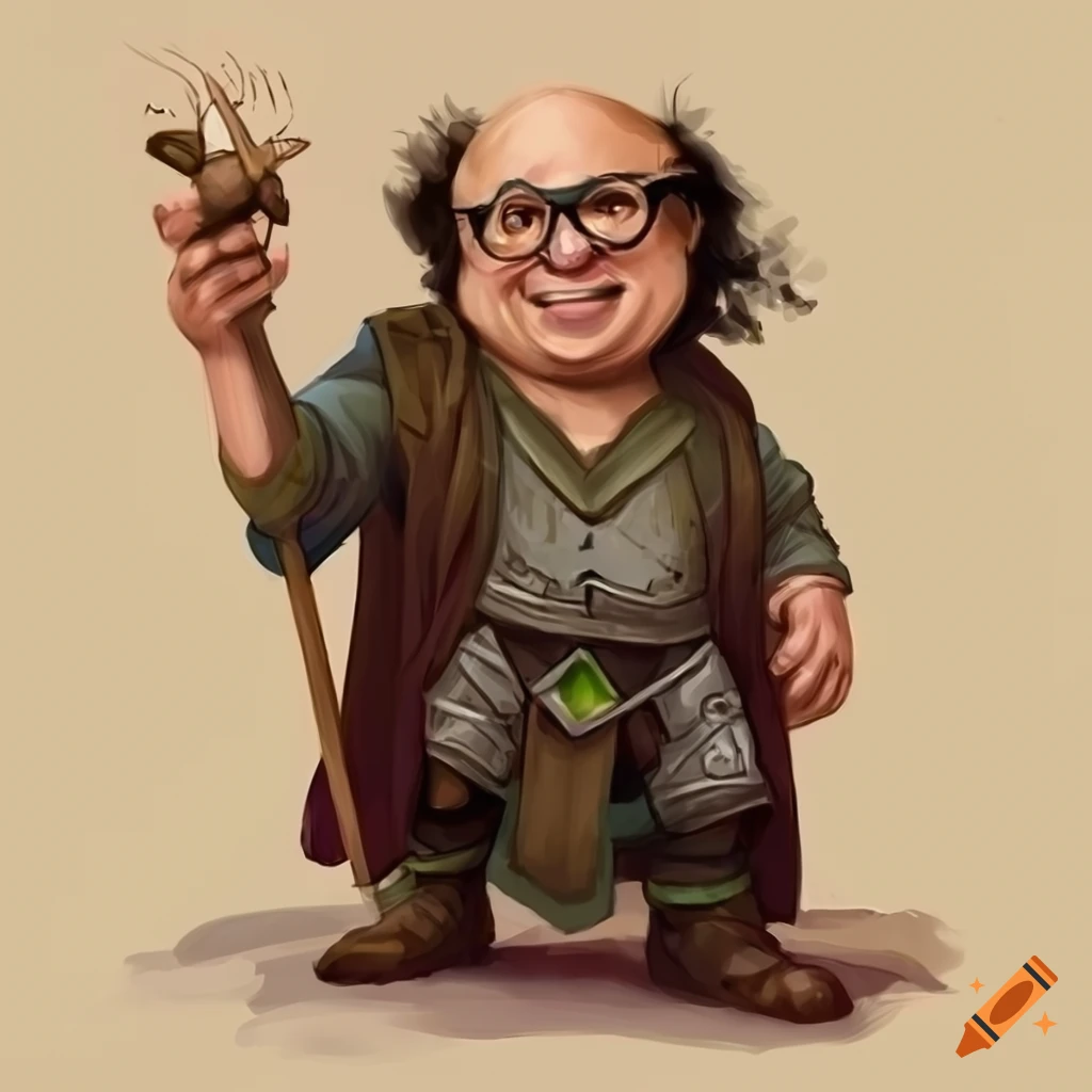 Halfling warlock character inspired by danny devito on Craiyon