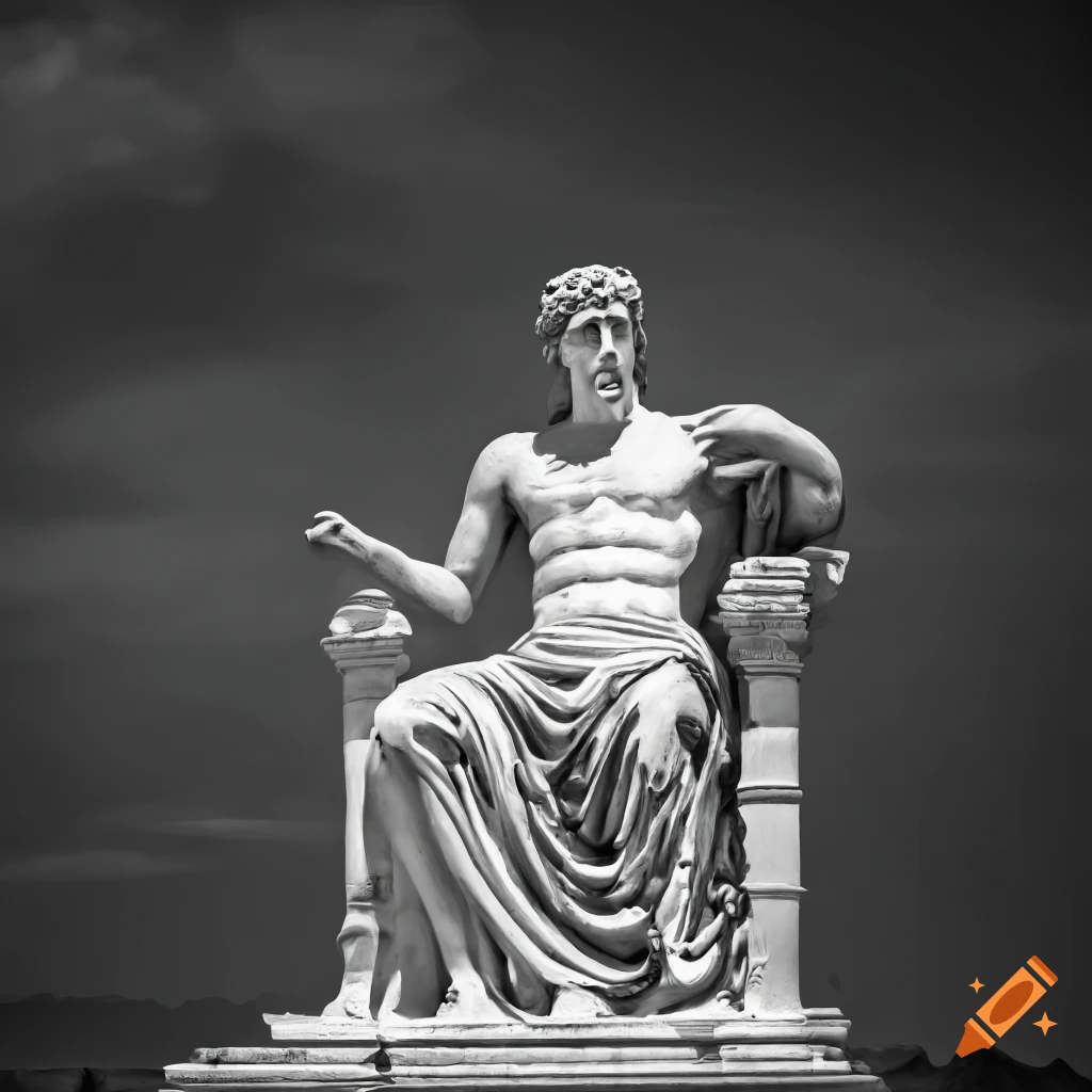 Ancient Greek statue of Marcus on a throne with Ionic columns in a ...