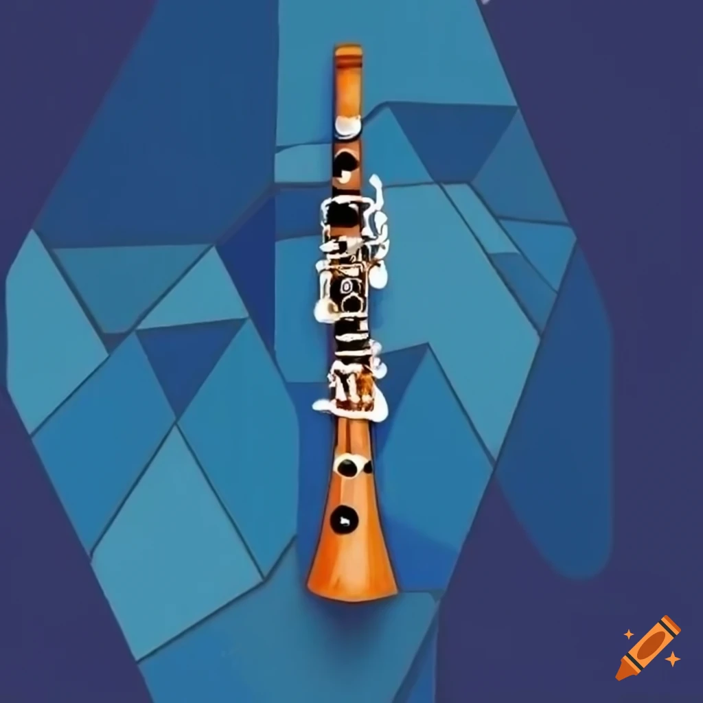 Vintage clarinet logo with cubistic blue white mountains inspired by ...