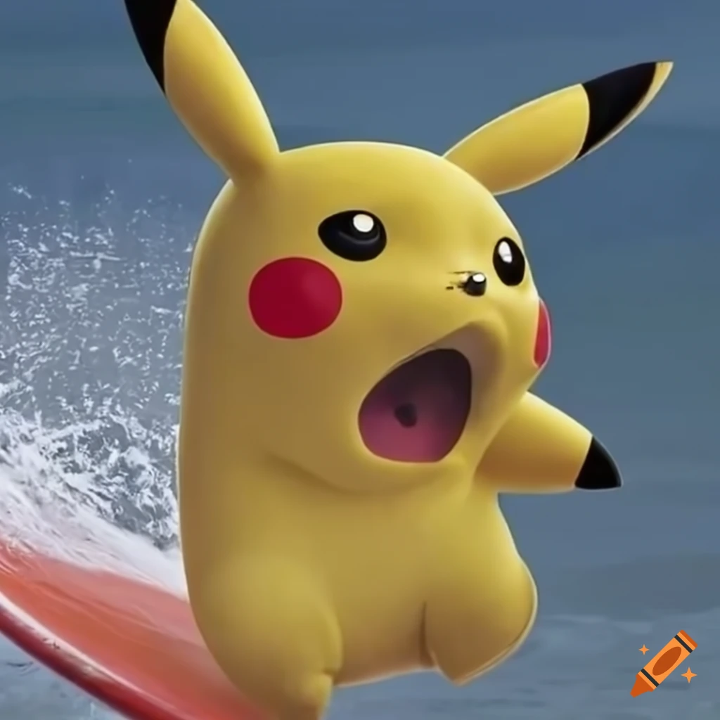Surfing pikachu falling off surfboard and looking scared on Craiyon