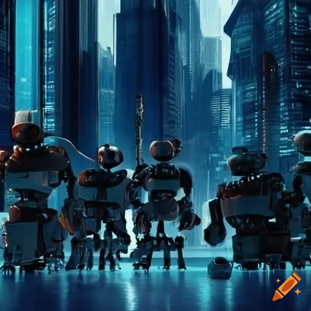 Group of robots in a futuristic city on Craiyon