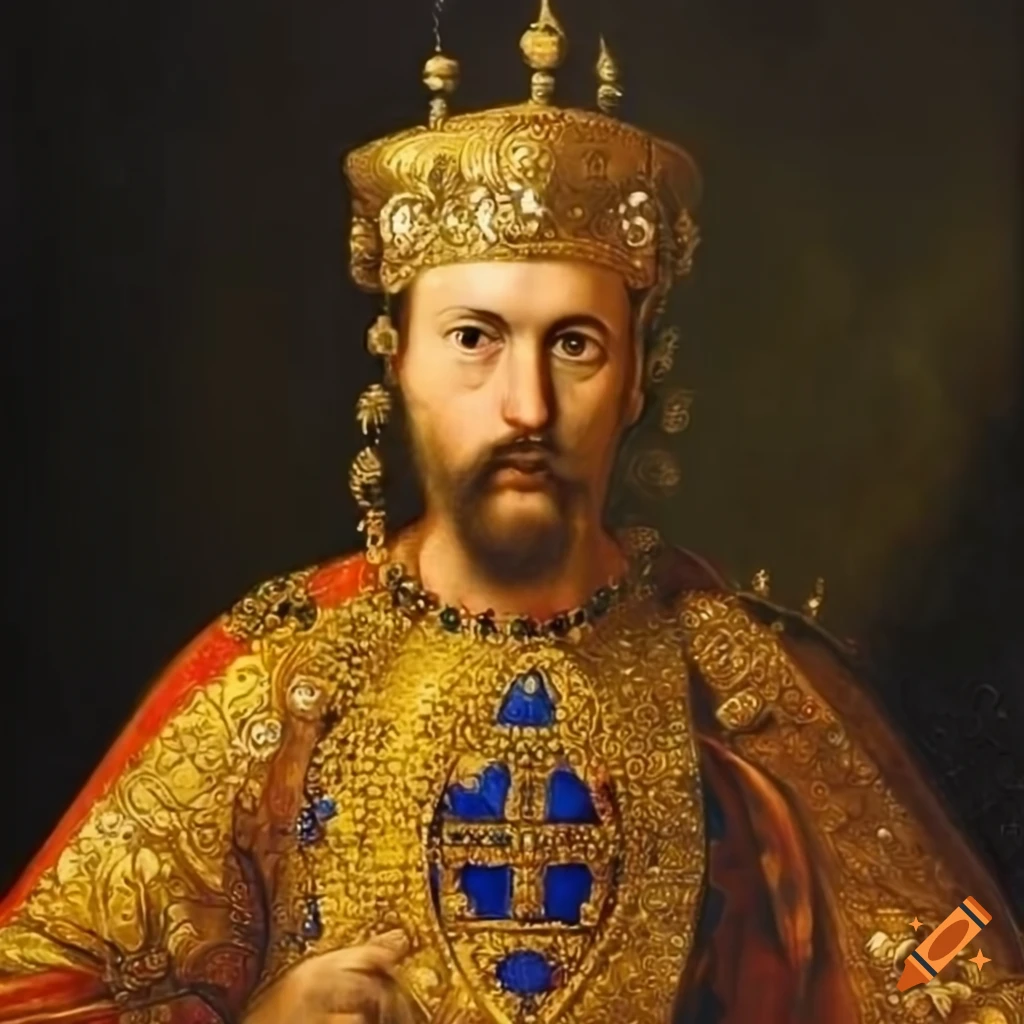Historical painting of a 13th century Polish Tsar in richly decorated ...