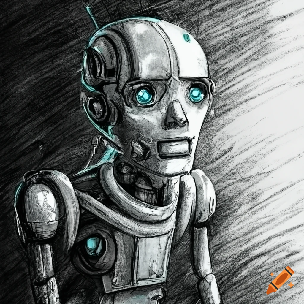 Sad robot in a dystopian factory charcoal drawing on Craiyon