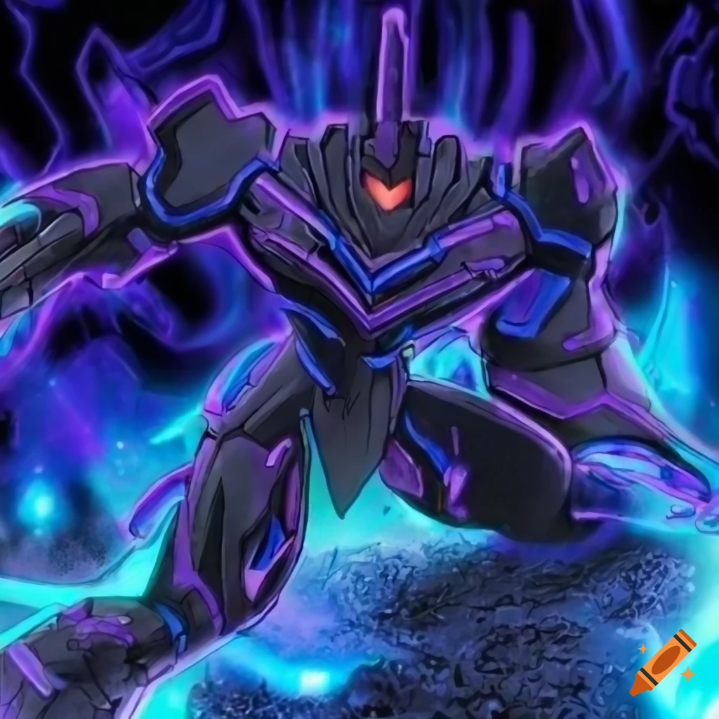 Yugioh card art of a cyborg blue neon warrior on Craiyon