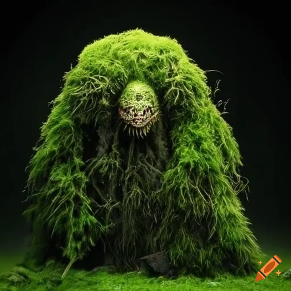 Non-human creature covered in moss and otherworldly plants on Craiyon