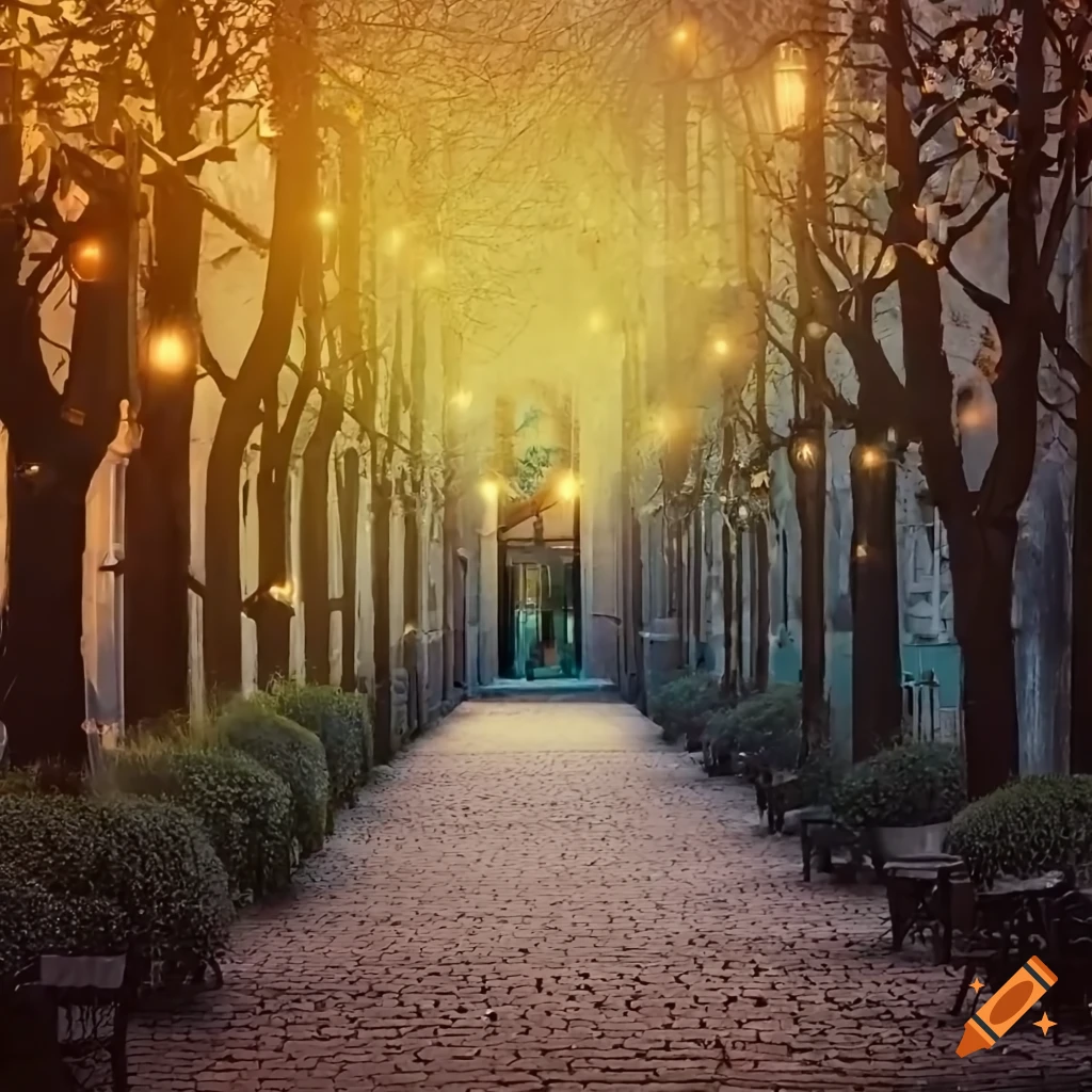Garden alley with light garland and parisian tables and chairs on Craiyon