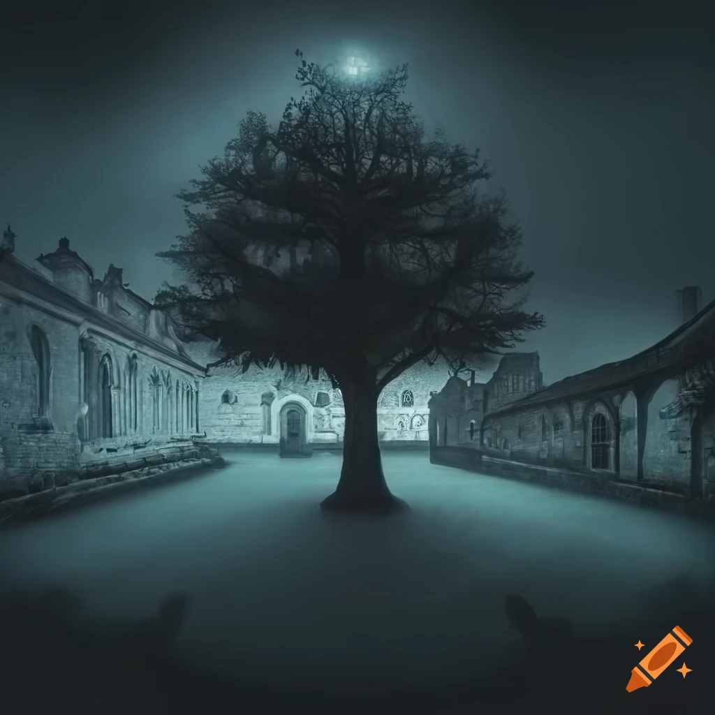 Eerie castle courtyard with a big tree at nighttime on Craiyon