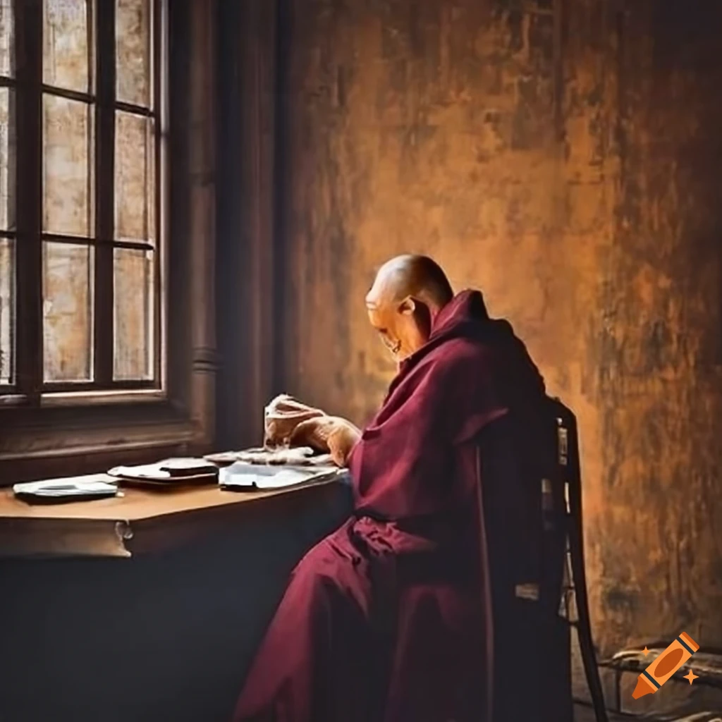 Monk writing on antique parchment in a rain-soaked chamber on Craiyon