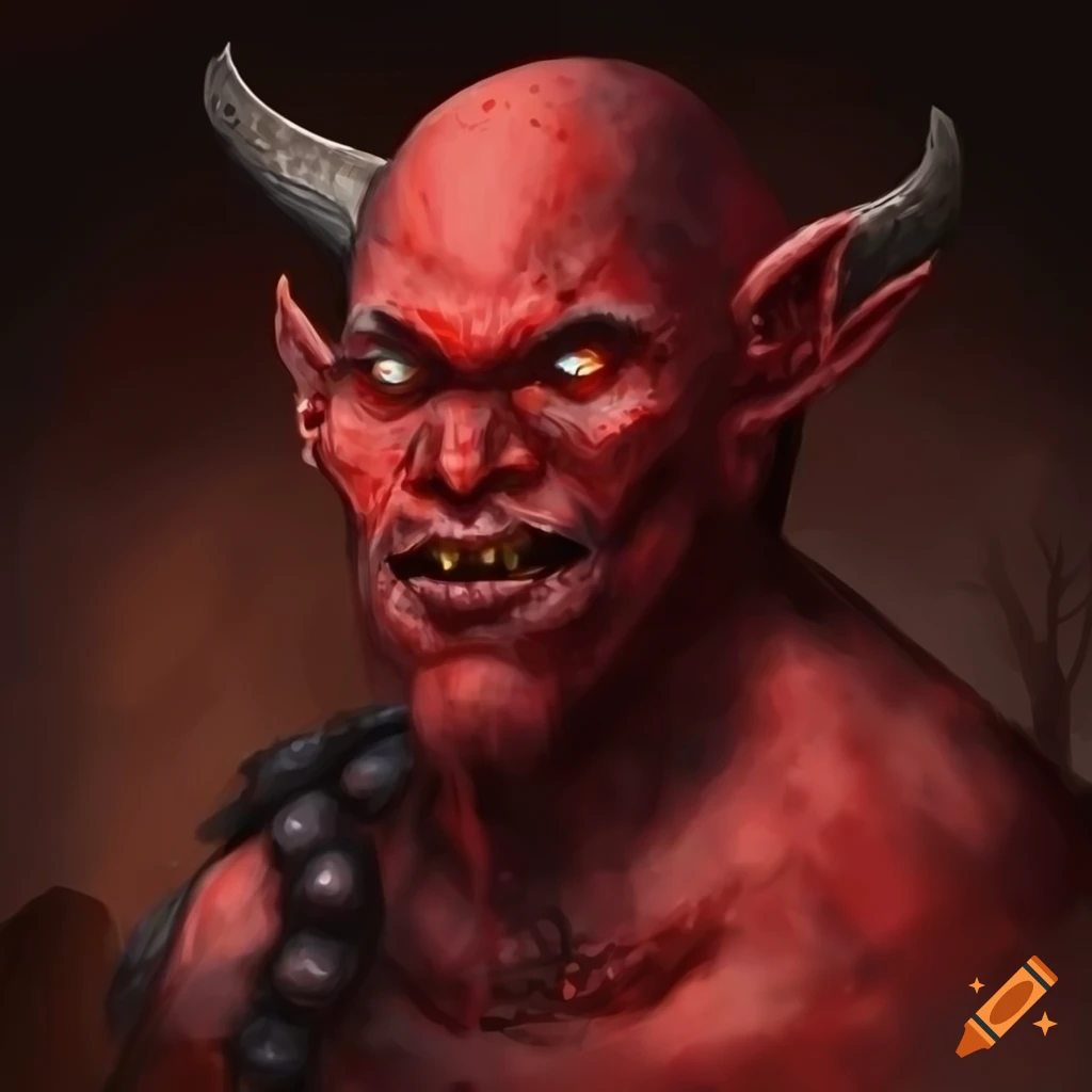 Serious red-skinned male warrior on a mountain in a fantasy setting on ...